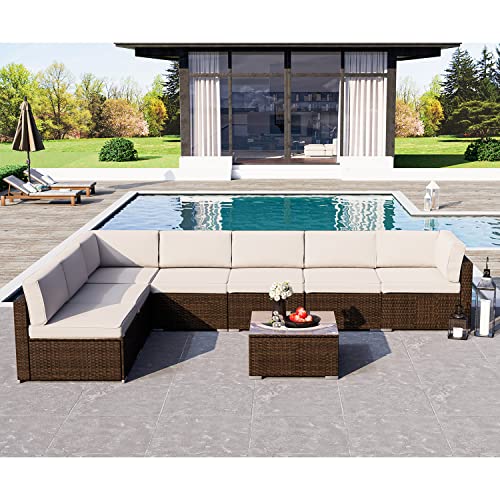 HOMPUS 8-Piece Outdoor Handwoven PE Rattan Wicker L-Shaped Corner Conversation Set Furniture Brown Patio Sectional Sofa Set w Beige Seat Cushions, Glass Coffee Table for Garden,Backyard,Pool