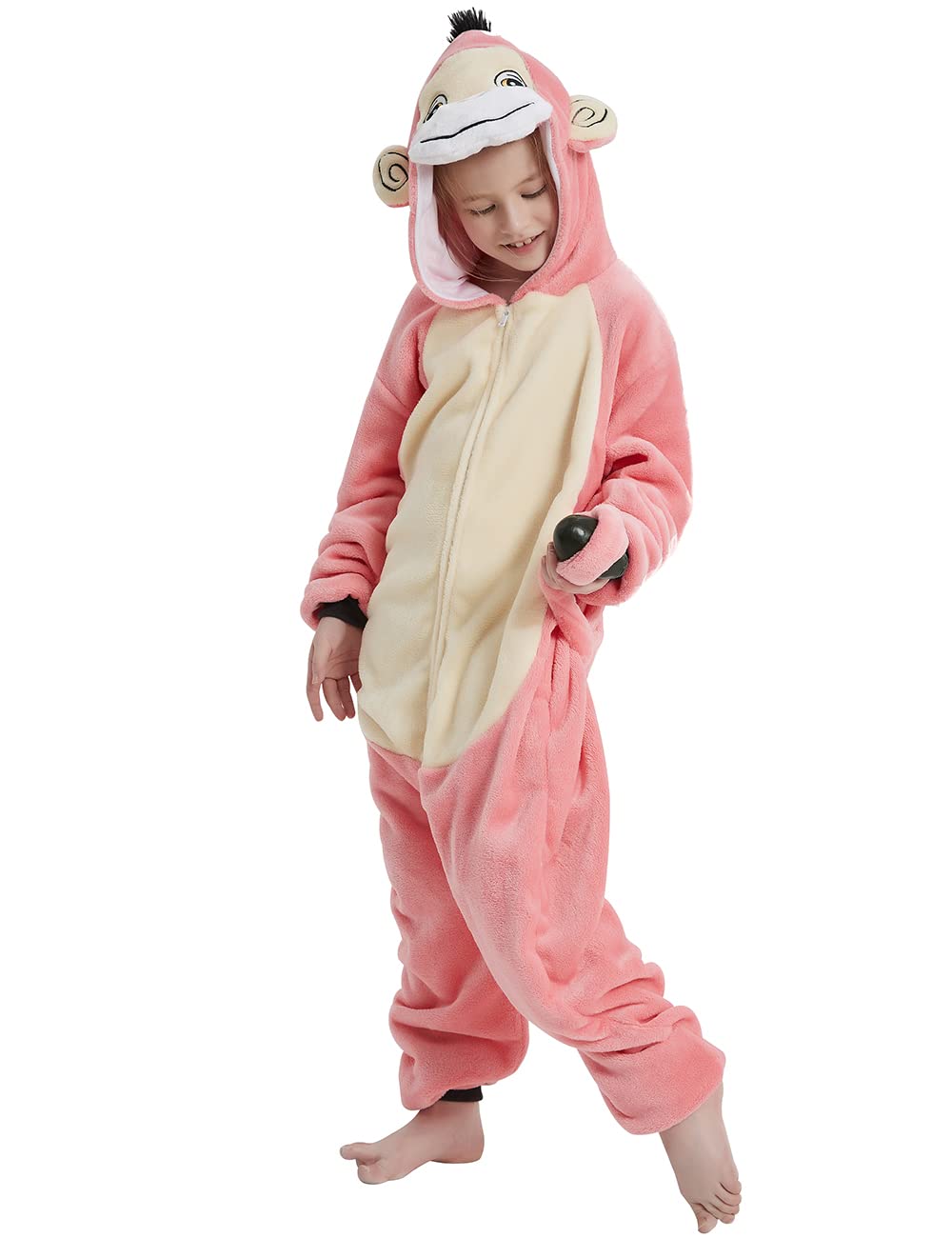 CALANTA Monkey Onesie Kids Gorilla Costume Animal Girls Pajamas One Piece Plush Sleepwear Cosplay Halloween Christmas.Pink.130