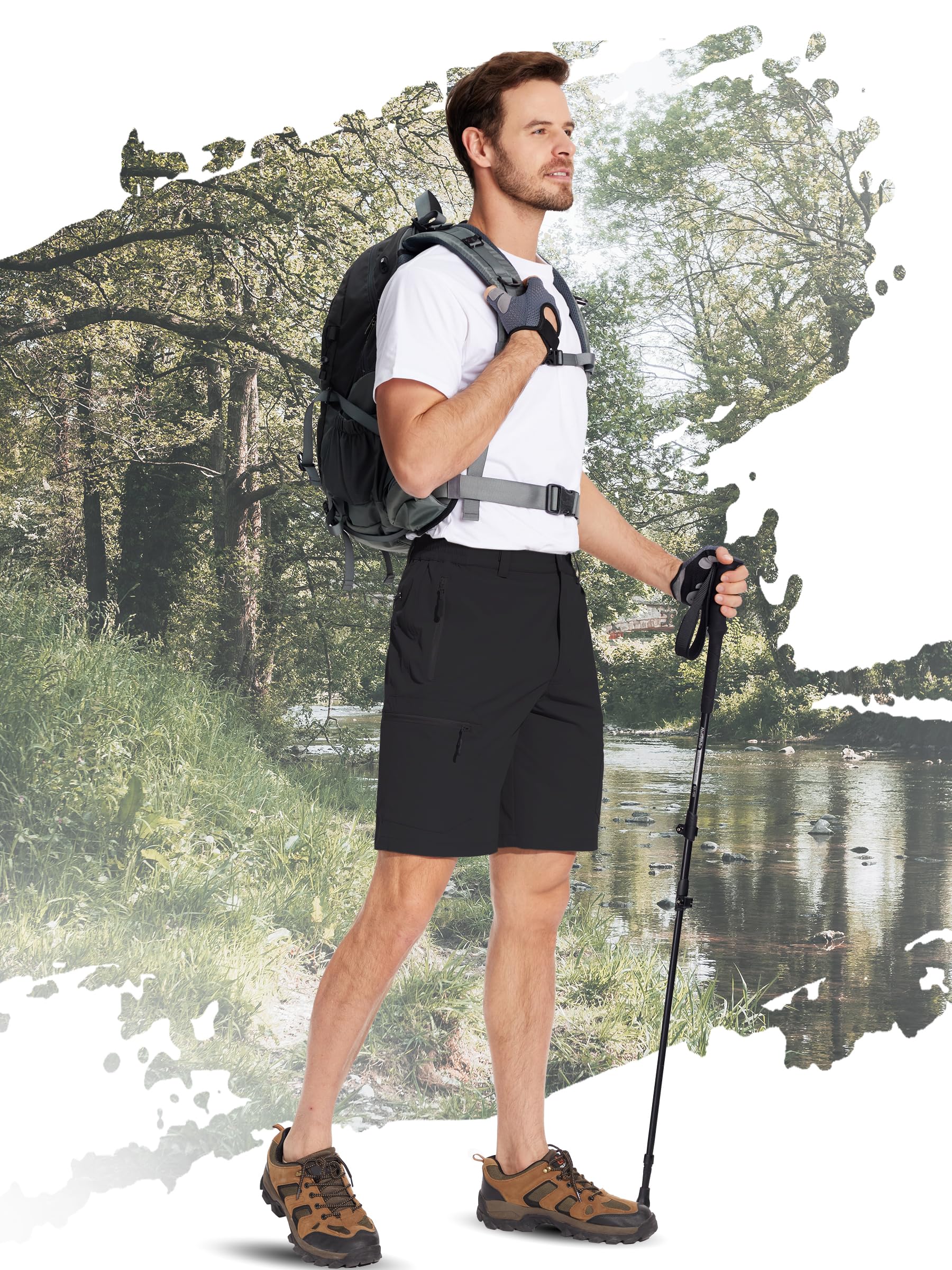 TACVASEN Mens Hiking Shorts Lightweight Quick Dry Black Cargo Fishing Shorts Water Resistant Golf Shorts with Pockets