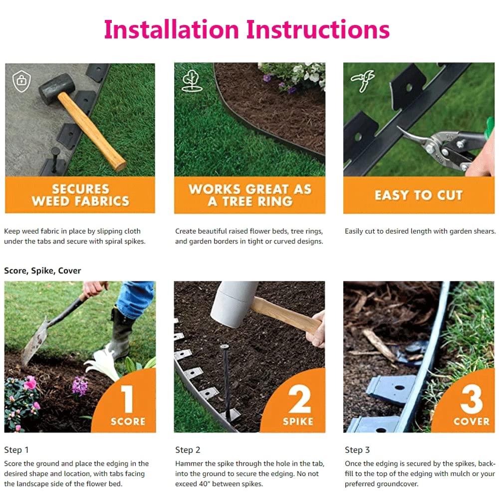 40 FT No Dig Garden Edging Kits with 40 Spikes, 2 inch High Heavy-Duty Plastic Garden Edging Border for Landscaping, Flower Gardens, Lawn (40FT, Black)