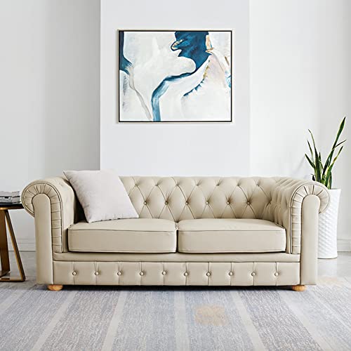 Modern Victorian Couch BIGMAII Beige Faux Leather Chesterfield Upholstered Sofa Button Desgin Rolled Arm 4 Seater Couches for Living Room - 87" L