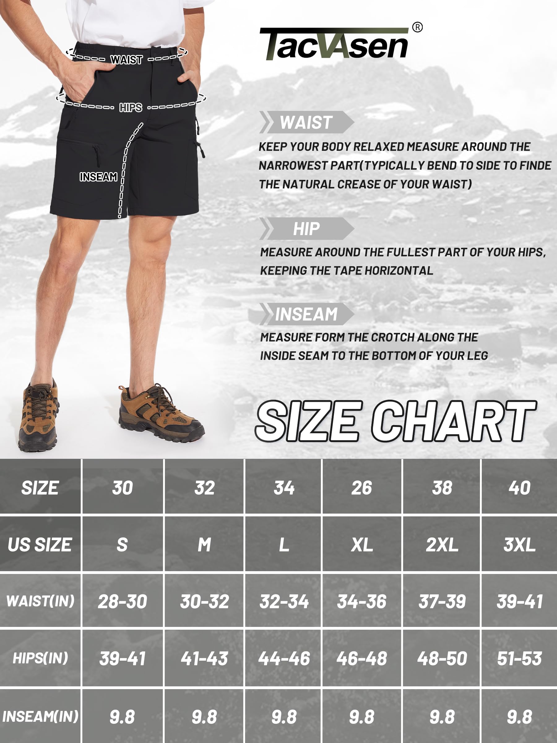 TACVASEN Mens Hiking Shorts Lightweight Quick Dry Black Cargo Fishing Shorts Water Resistant Golf Shorts with Pockets