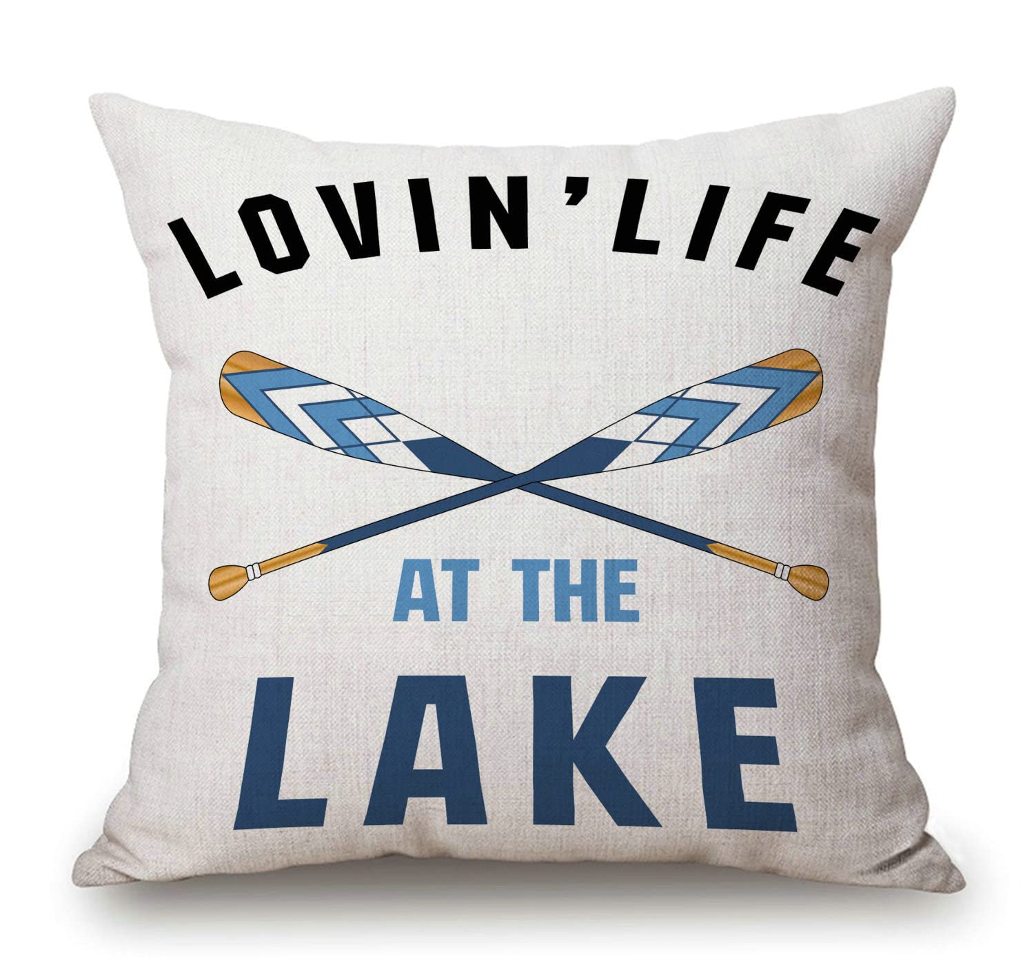 Solekla Black Blue Word Art Quote Loving Life at The Lake Wooden Paddle Oar Summer Decorative Cotton Burlap Linen Throw Pillow Case Cushion Cover Sofa Outdoor Decorative Square 18X18 Inches