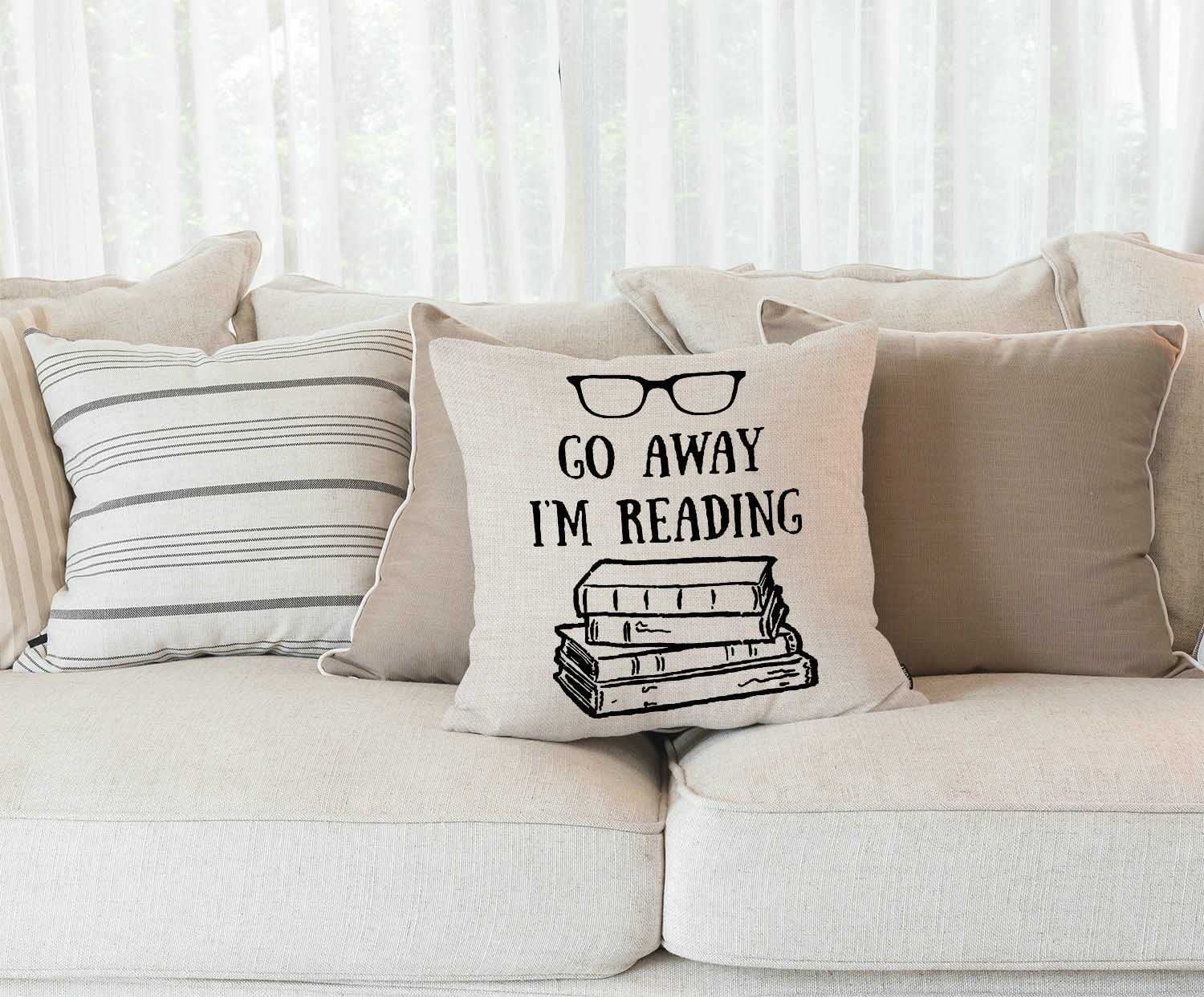 Book Lover Reading Books Club Librarian Black Glasses Go Away I'm Reading Cotton Linen Throw Pillow Case Home Decorative Cushion Cover for Sofa Couch Bedding 18x18 Inches