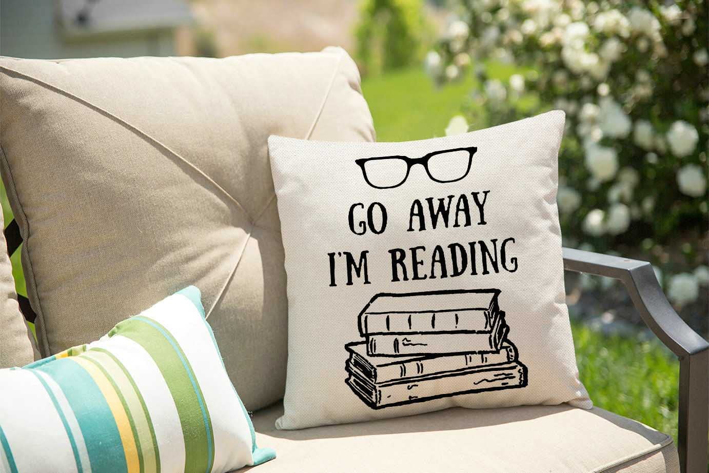 Book Lover Reading Books Club Librarian Black Glasses Go Away I'm Reading Cotton Linen Throw Pillow Case Home Decorative Cushion Cover for Sofa Couch Bedding 18x18 Inches