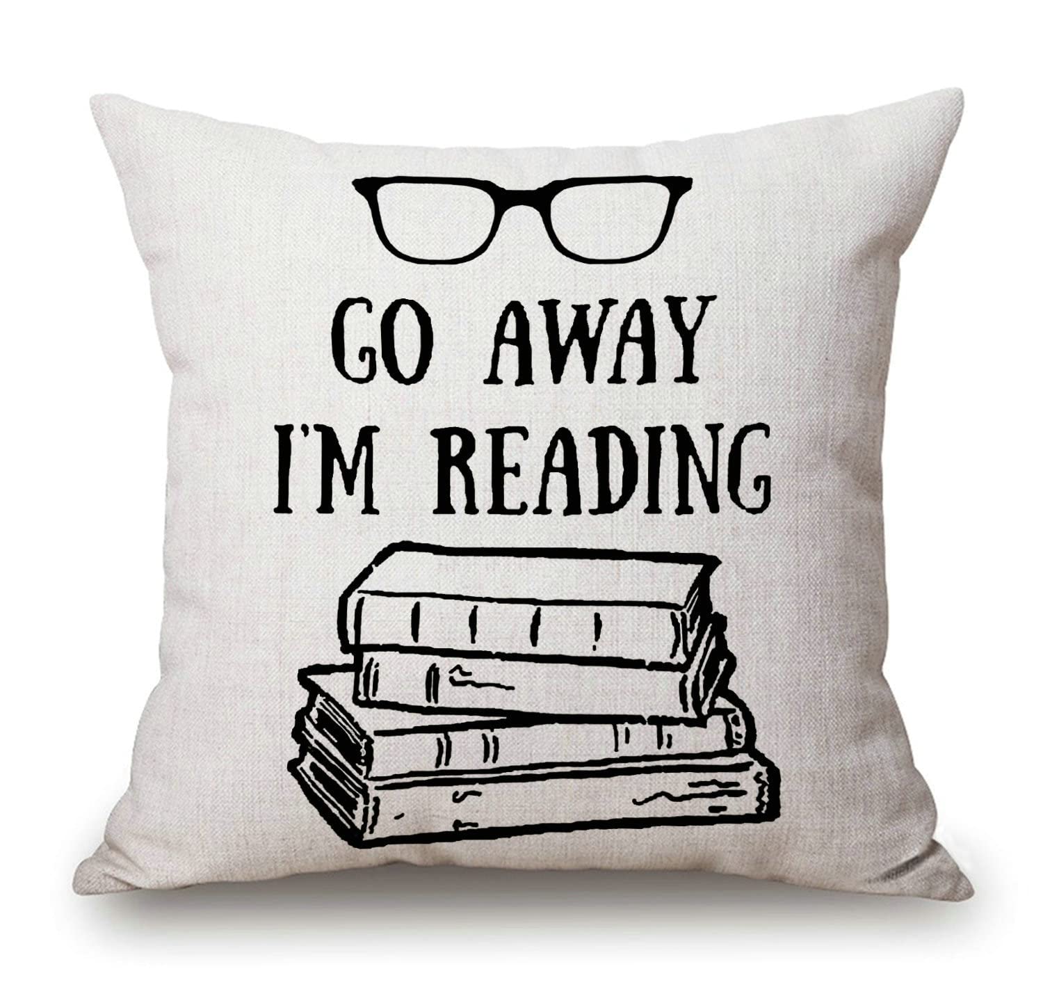 Book Lover Reading Books Club Librarian Black Glasses Go Away I'm Reading Cotton Linen Throw Pillow Case Home Decorative Cushion Cover for Sofa Couch Bedding 18x18 Inches