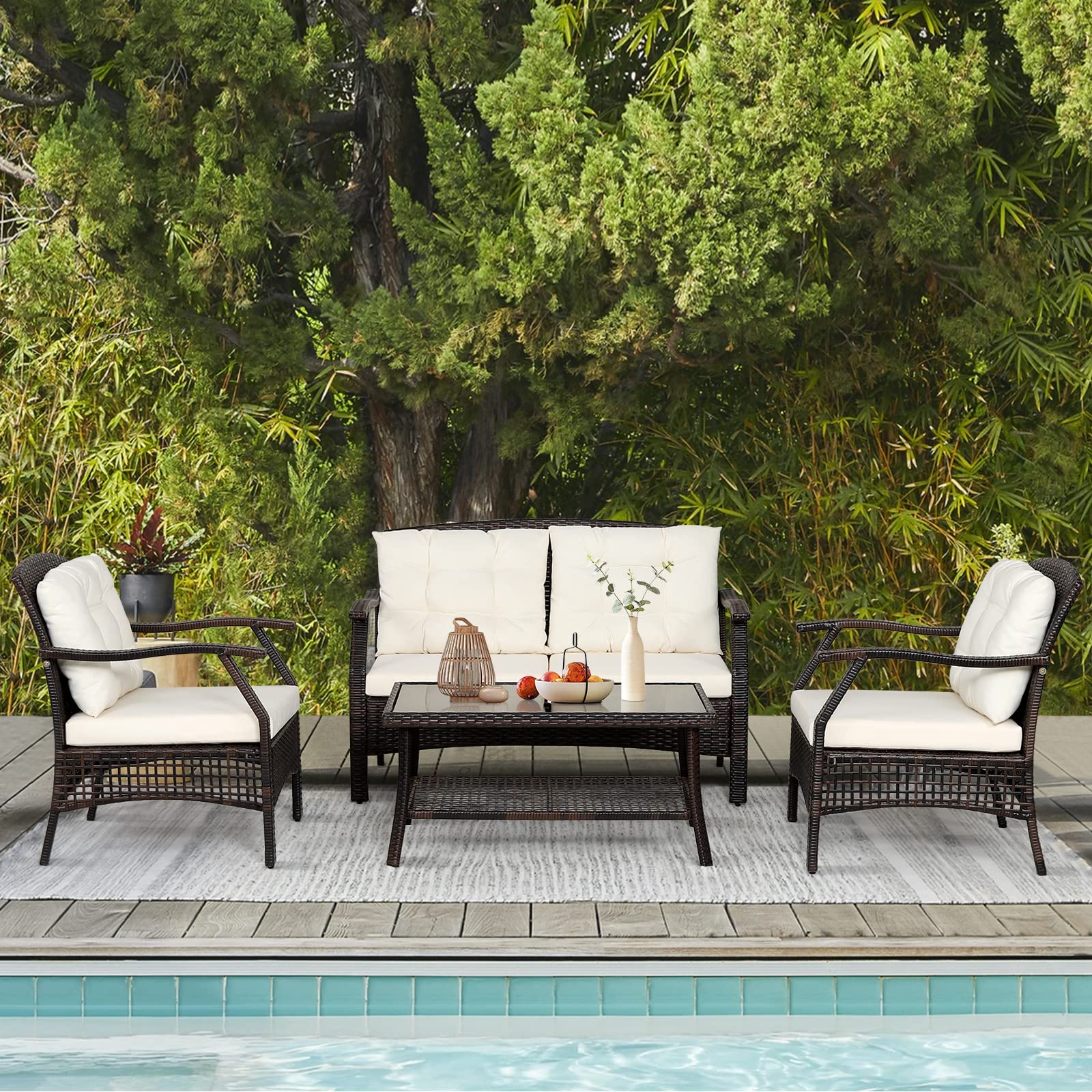 Tangkula 4 Pieces Outdoor Rattan Furniture Set, Patiojoy Outdoor Wicker Sofa Set with Tempered Glass Coffee Table, Loveseat, 2 Single Sofas, Sectional Sofa Set with Waterproof Cover