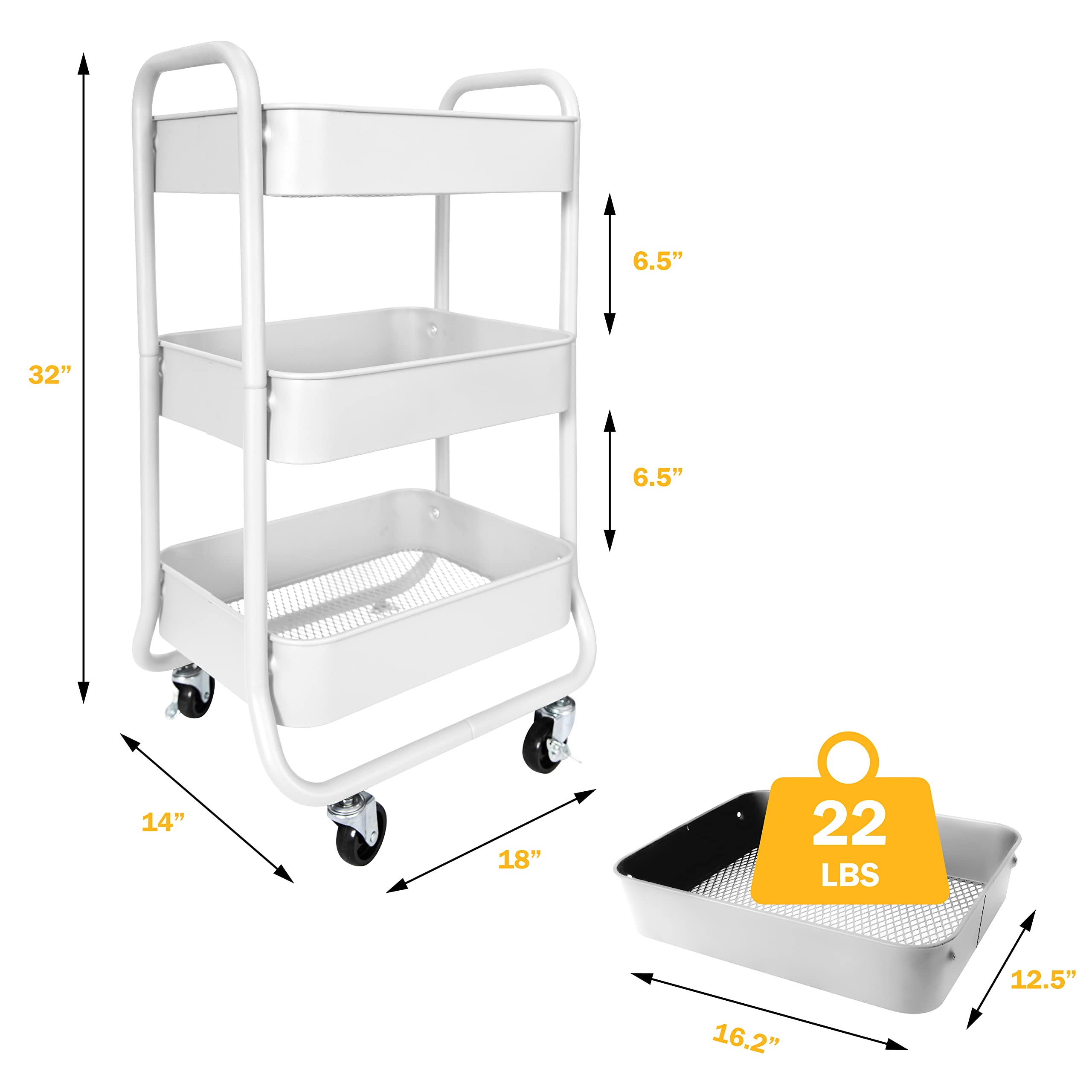 Homestead 3-Tier Rolling Cart - Heavy Duty Metal Rolling Cart, Lockable Casters, Multifunctional Storage Shelves - Great for Kitchen, Office, Bathroom, Laundry Room (White)
