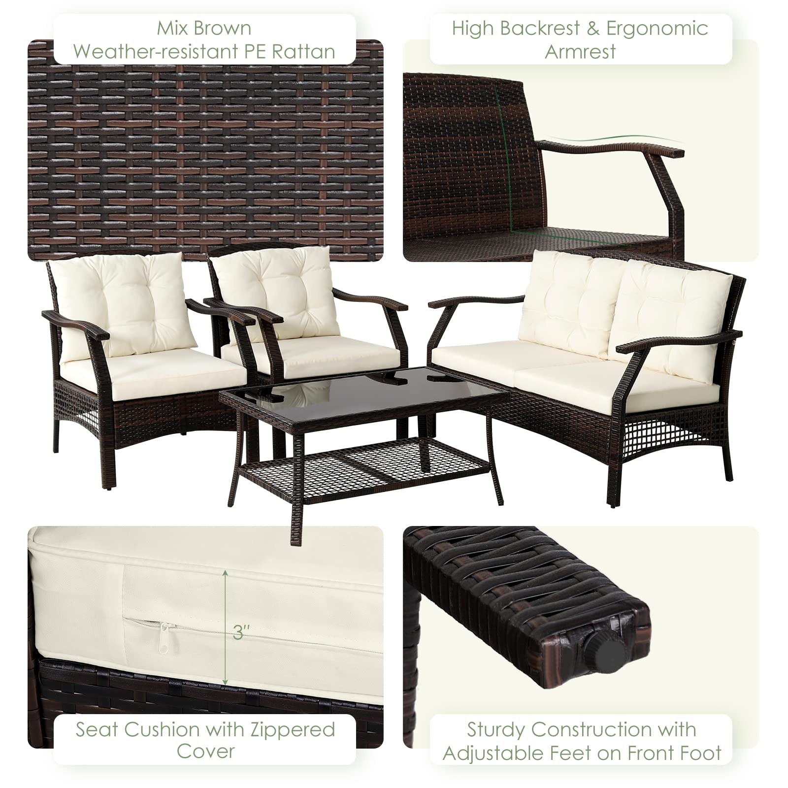 Tangkula 4 Pieces Outdoor Rattan Furniture Set, Patiojoy Outdoor Wicker Sofa Set with Tempered Glass Coffee Table, Loveseat, 2 Single Sofas, Sectional Sofa Set with Waterproof Cover