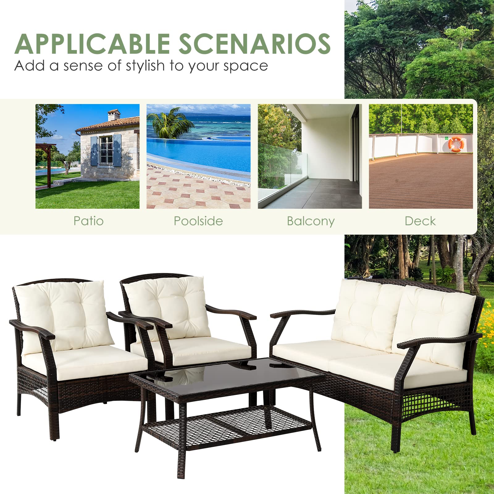 Tangkula 4 Pieces Outdoor Rattan Furniture Set, Patiojoy Outdoor Wicker Sofa Set with Tempered Glass Coffee Table, Loveseat, 2 Single Sofas, Sectional Sofa Set with Waterproof Cover