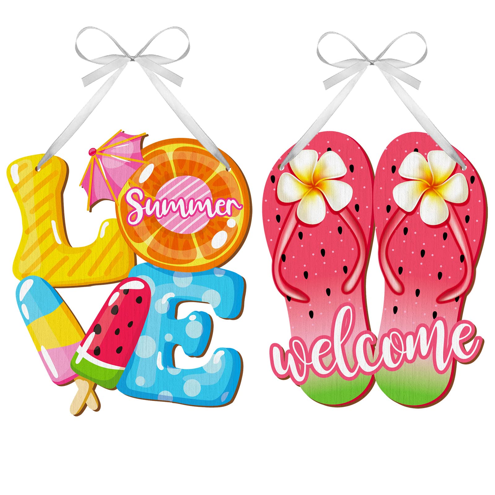 2 Pieces Ice Cream Sandbeach Hanging Sign Happy Summer Wood Sign Sweet Summer Wood Ornaments Summer Welcome Sign Door Wood Hanging Sign for Summer Holiday Party Home Door Wall Window Decor (Sandbeach)