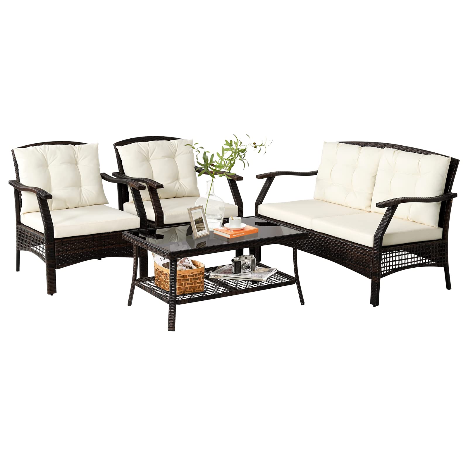 Tangkula 4 Pieces Outdoor Rattan Furniture Set, Patiojoy Outdoor Wicker Sofa Set with Tempered Glass Coffee Table, Loveseat, 2 Single Sofas, Sectional Sofa Set with Waterproof Cover