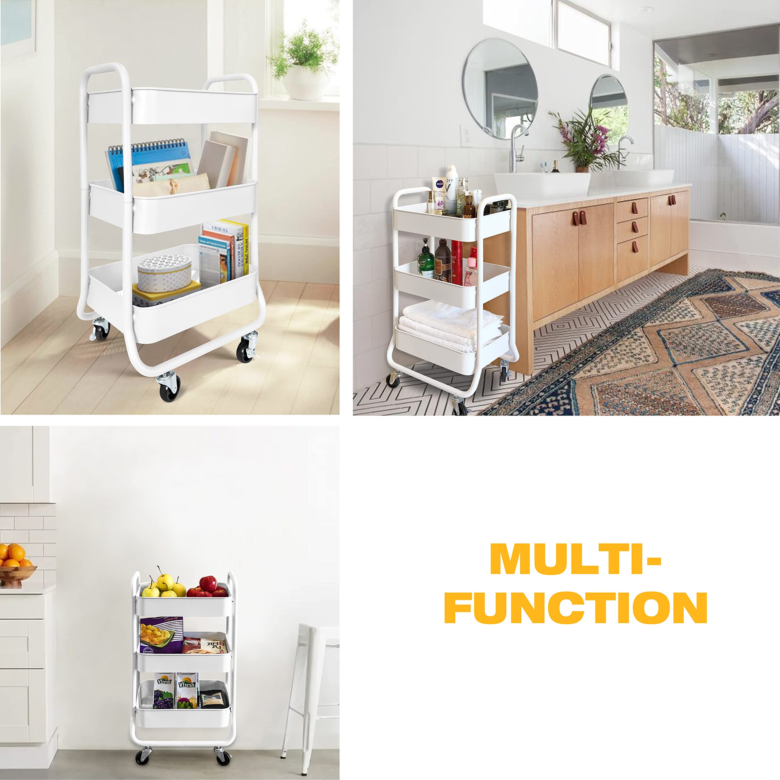 Homestead 3-Tier Rolling Cart - Heavy Duty Metal Rolling Cart, Lockable Casters, Multifunctional Storage Shelves - Great for Kitchen, Office, Bathroom, Laundry Room (White)
