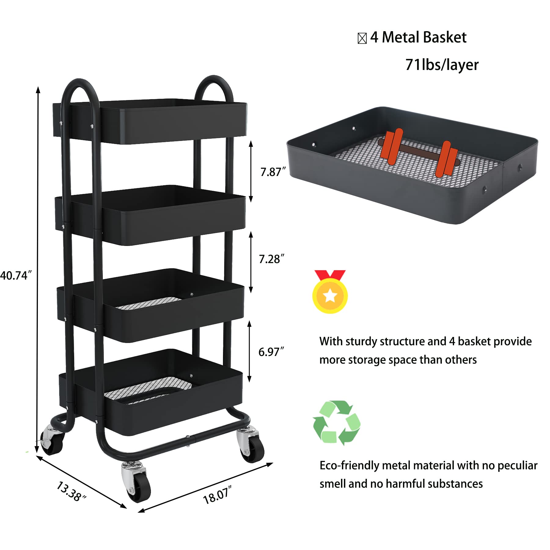MIOCASA 4-Tier Metal Utility Rolling Cart, Heavy Duty Multifunction Cart with Lockable Casters, Easy to Assemble, Suitable for Office, Bathroom, Kitchen, Garden (Black)