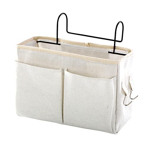 Surblue Bedside Caddy Bedside Storage Bag Hanging Organizer for Bunk, Hospital Beds, Dorm Rooms Bed Rails Camp 4 Pockets and 2 Hooks (White)