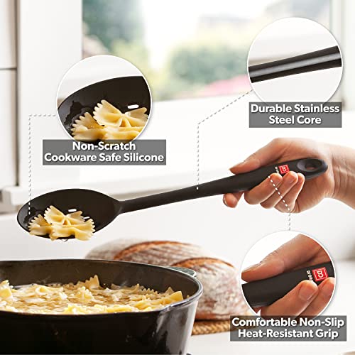 DI ORO Silicone Spoons for Cooking - Large Kitchen Spoons for Mixing, Serving, & Stirring - 600°F Heat-Resistant Non Stick Utensils – Big Solid & Slotted Basting Spoons - Dishwasher Safe (2pc, Black)