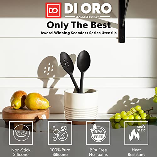 DI ORO Silicone Spoons for Cooking - Large Kitchen Spoons for Mixing, Serving, & Stirring - 600°F Heat-Resistant Non Stick Utensils – Big Solid & Slotted Basting Spoons - Dishwasher Safe (2pc, Black)