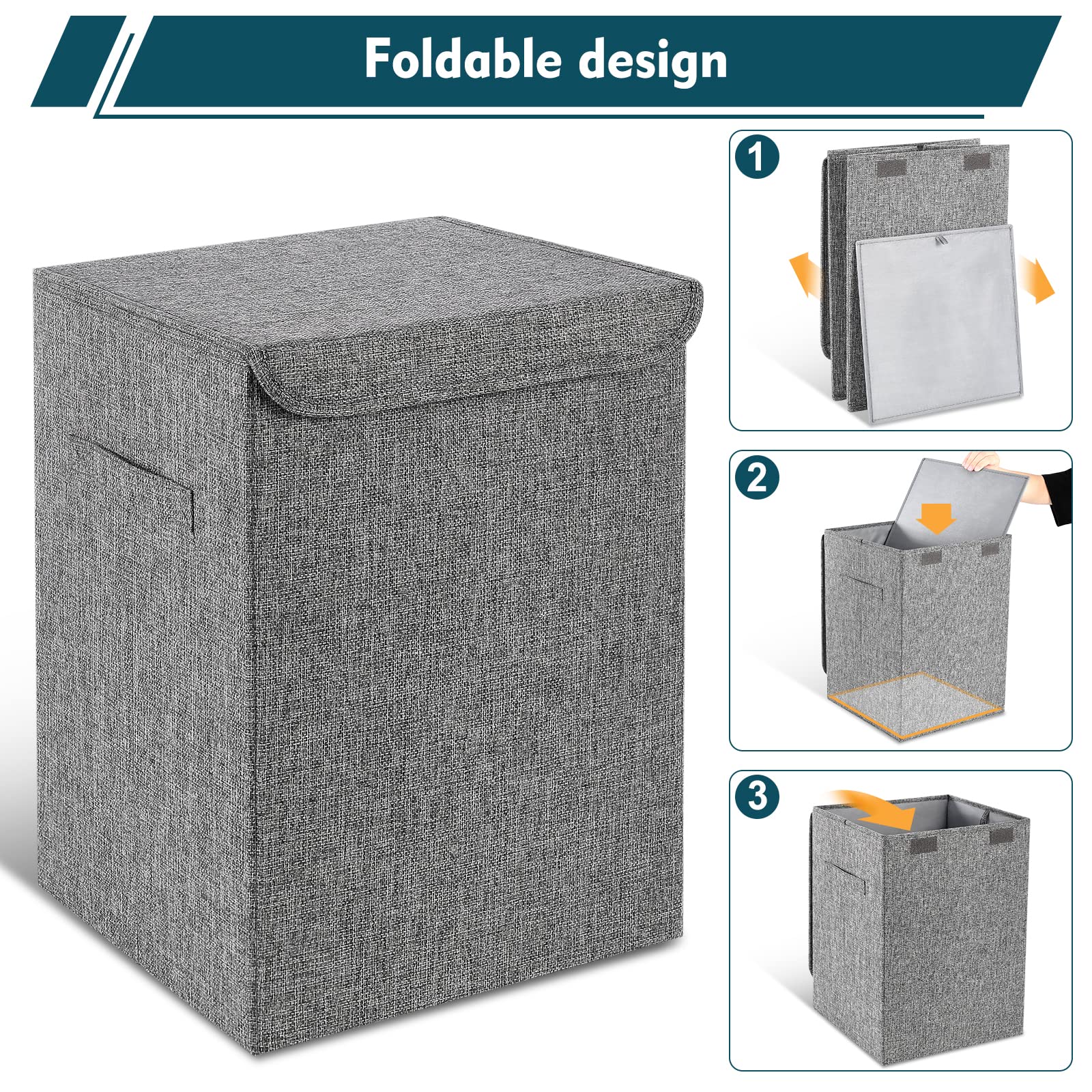 Laundry basket with Lid,Laundry hamper,No installation need,Collapsible Laundry basket with Handles,Dirty Clothes Toys laundry Hamper for Bathroom washroom,basket for Laundry,Grey 38L