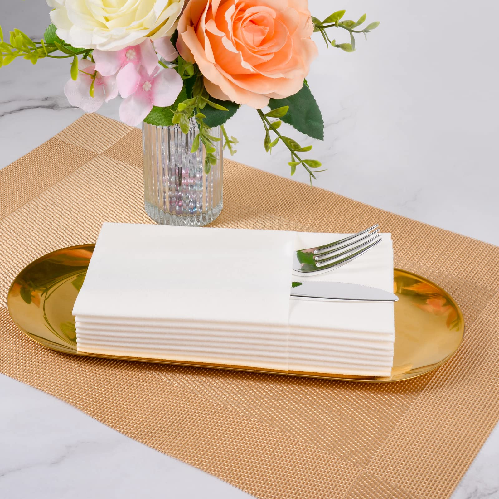 White Dinner Napkins Disposable - 100Pack Linen-Feel Paper Napkins with Built-in Flatware Pocket, Prefolded Cloth Like Paper Napkins Bulk For Dinner, Wedding, Party or Everyday Use