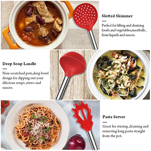 Silicone Cooking Utensil Set,Kitchen Utensils 26 Pcs Cooking Utensils Set,Non-stick Heat Resistant Silicone,Cookware with Stainless Steel Handle - Red