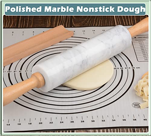 SIPARUI Marble Rolling Pin with Wooden Cradle Thick Handle Set for Baking,18.5 inch Premium Quality Polished Roller for Pizza Dough,Fondant,Pie Crust,Non-Stick Surface Easy to Clean(White)