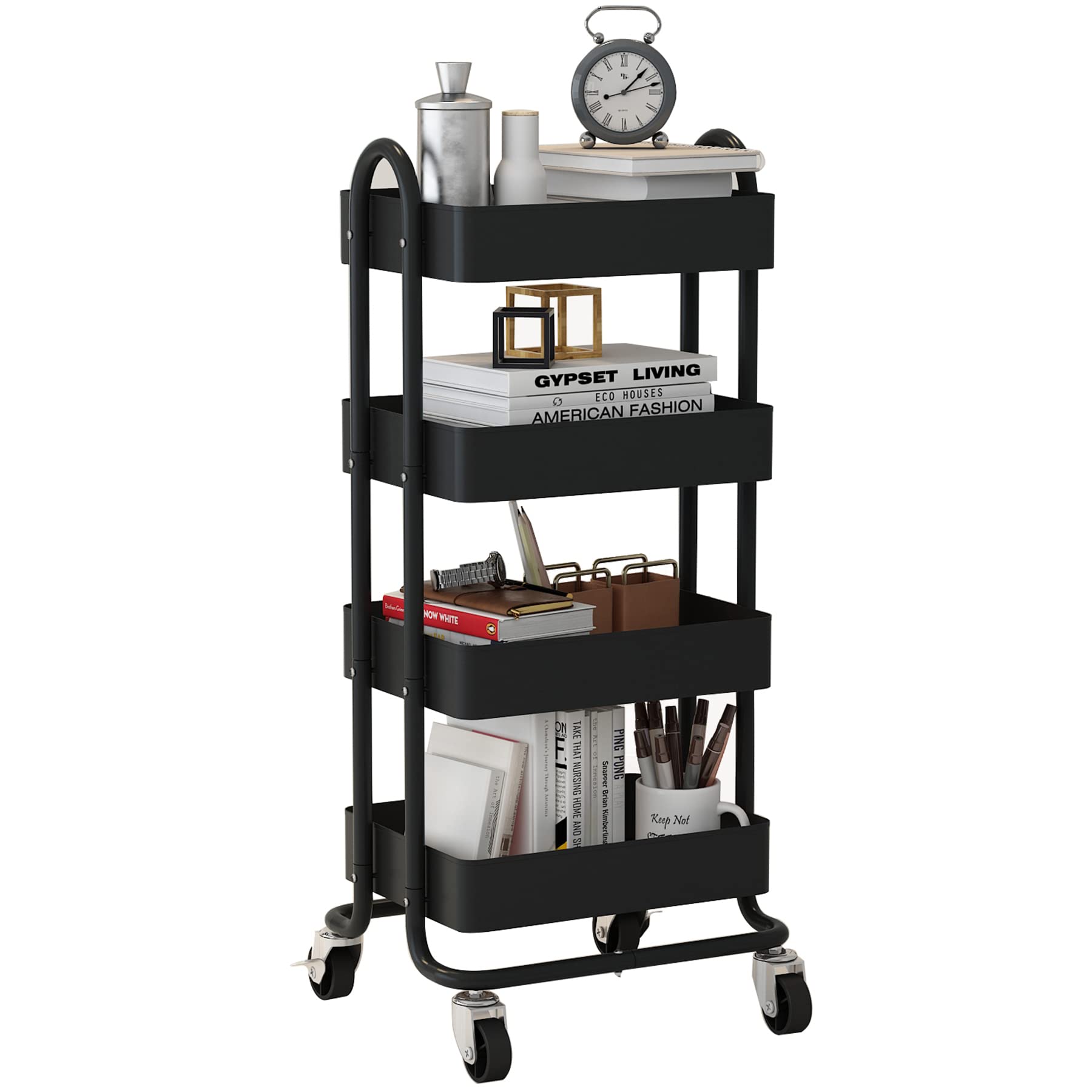 MIOCASA 4-Tier Metal Utility Rolling Cart, Heavy Duty Multifunction Cart with Lockable Casters, Easy to Assemble, Suitable for Office, Bathroom, Kitchen, Garden (Black)