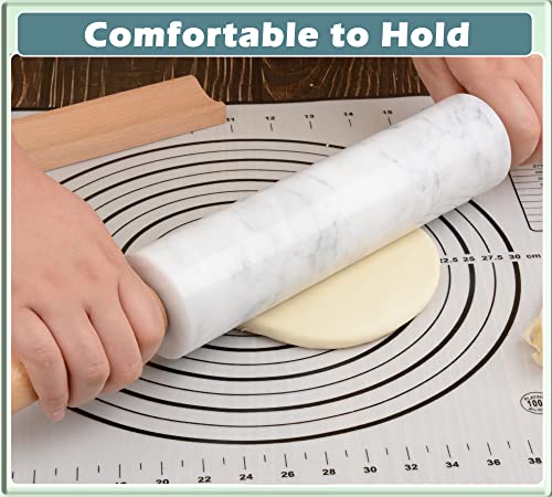 SIPARUI Marble Rolling Pin with Wooden Cradle Thick Handle Set for Baking,18.5 inch Premium Quality Polished Roller for Pizza Dough,Fondant,Pie Crust,Non-Stick Surface Easy to Clean(White)