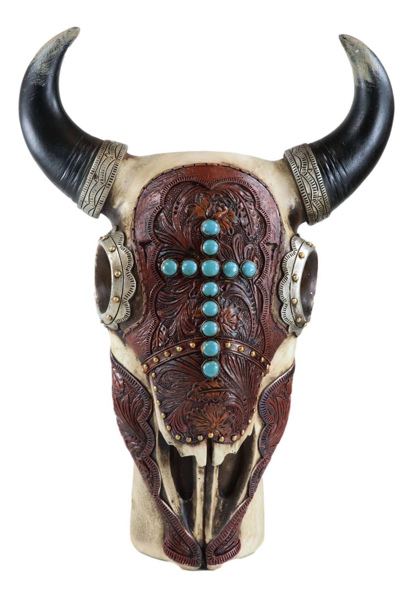 Ebros Gift Colorful Southwestern Native Indian Cow Skull with Turquoise Cross and Faux Tooled Leather Mask Desktop Floral Flower Vase Planter Figurine Wildlife Bisons Bulls Spirit Totem Accent