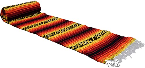 Open Road Goods Heavyweight Mexican Falsa Yoga Blanket, Extra Thick with Stripes - Great Beach Blanket, Mexican Blanket, Picnic Blanket, or Throw - Handmade Sunfire Red, Orange, and Black Colors
