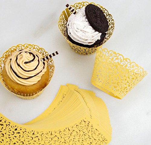 SUYEPER 100pcs Cupcake Wrappers Artistic Bake Cake Paper Cups Little Vine Lace Laser Cut Liner Baking Cup Muffin Case Trays for Wedding Party Birthday Decoration (Gold)