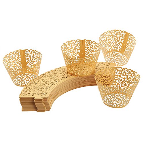 SUYEPER 100pcs Cupcake Wrappers Artistic Bake Cake Paper Cups Little Vine Lace Laser Cut Liner Baking Cup Muffin Case Trays for Wedding Party Birthday Decoration (Gold)
