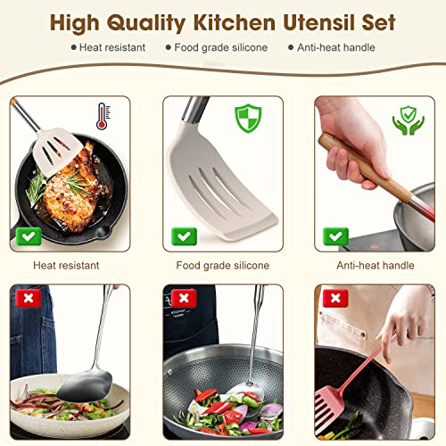 AHNR 33 Pcs Silicone Cooking Utensils Set, 446°F Heat Resistant Kitchen Utensils, Spatula, Spoon, BPA Free Wooden Handle Silicone Kitchen Gadgets Utensil Set with Holder for Non-Stick Cookware Khaki