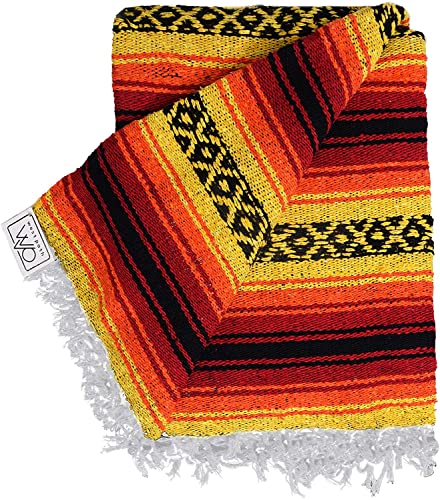 Open Road Goods Heavyweight Mexican Falsa Yoga Blanket, Extra Thick with Stripes - Great Beach Blanket, Mexican Blanket, Picnic Blanket, or Throw - Handmade Sunfire Red, Orange, and Black Colors