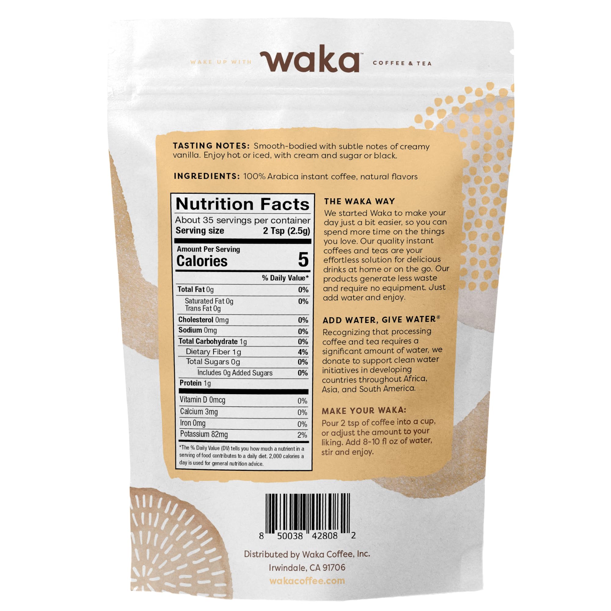 Waka Instant Coffee, Vanilla Flavored - 100% Arabica Beans, Freeze Dried Granules, No Additives - Bulk Bag for Quick Hot and Iced Coffees, Up to 35 Cups (3.5oz)
