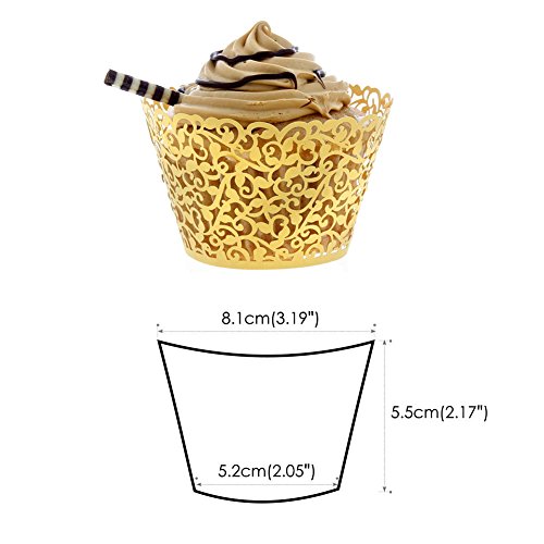 SUYEPER 100pcs Cupcake Wrappers Artistic Bake Cake Paper Cups Little Vine Lace Laser Cut Liner Baking Cup Muffin Case Trays for Wedding Party Birthday Decoration (Gold)