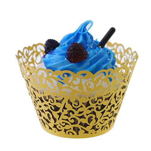 SUYEPER 100pcs Cupcake Wrappers Artistic Bake Cake Paper Cups Little Vine Lace Laser Cut Liner Baking Cup Muffin Case Trays for Wedding Party Birthday Decoration (Gold)