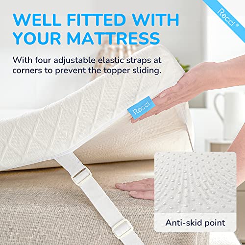 RECCI 2 Inch Mattress Topper Cover Queen Size (Only Cover), Breathable Bamboo Viscose Mattress Topper Protector, Washable Mattress Topper Encasement with Zipper & Adjustable Straps (Queen, White)