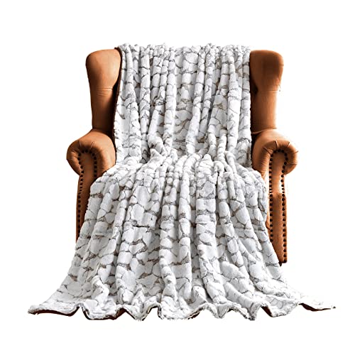 FY FIBER HOUSE Super Soft Rabbit Faux Fur Fleece Throw Blanket Thick Luxurious Faux Fur Plush Warm Fuzzy with Stone Pattern for Bed Sofa, 60"X80", Cappuccino