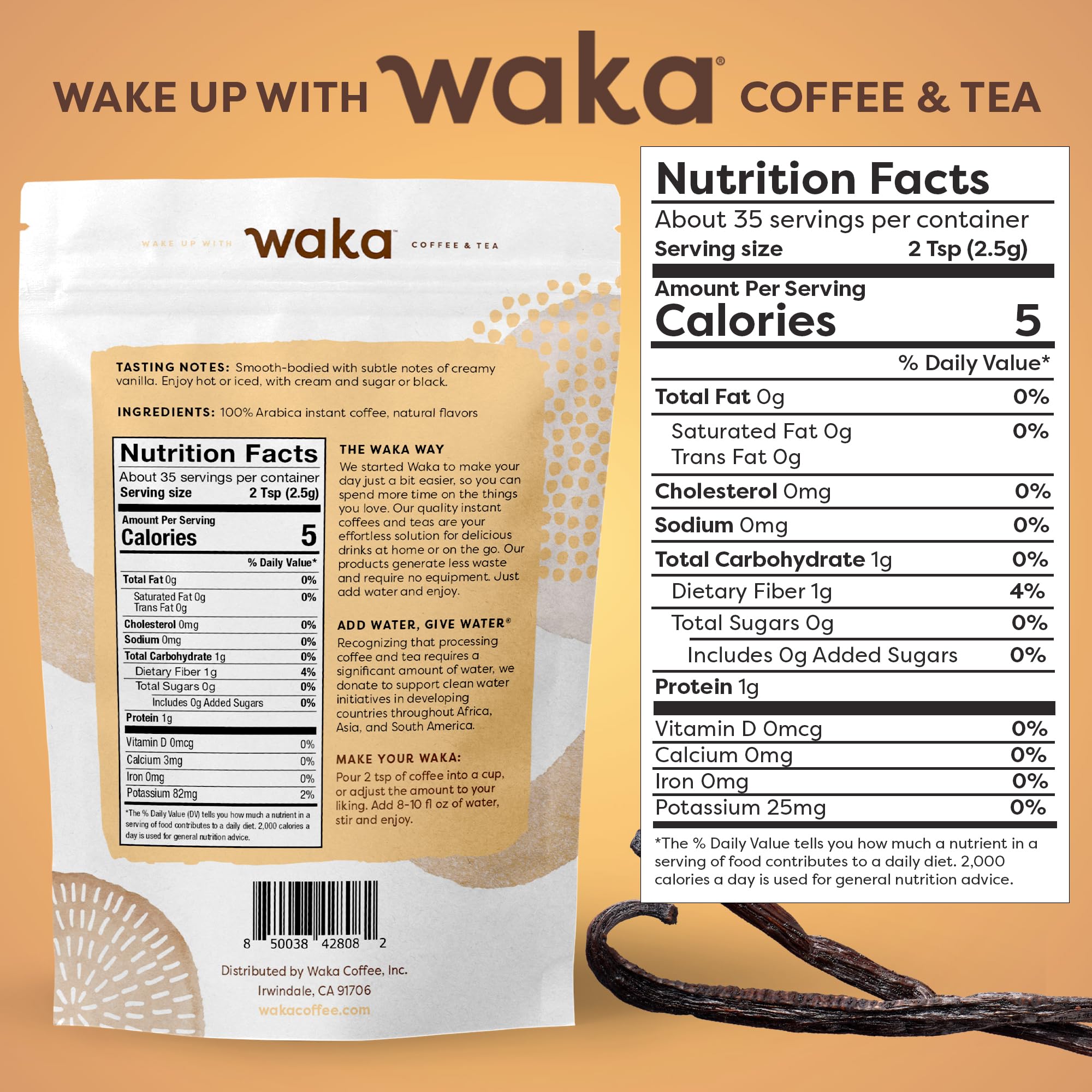 Waka Instant Coffee, Vanilla Flavored - 100% Arabica Beans, Freeze Dried Granules, No Additives - Bulk Bag for Quick Hot and Iced Coffees, Up to 35 Cups (3.5oz)
