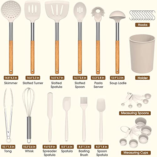 AHNR 33 Pcs Silicone Cooking Utensils Set, 446°F Heat Resistant Kitchen Utensils, Spatula, Spoon, BPA Free Wooden Handle Silicone Kitchen Gadgets Utensil Set with Holder for Non-Stick Cookware Khaki