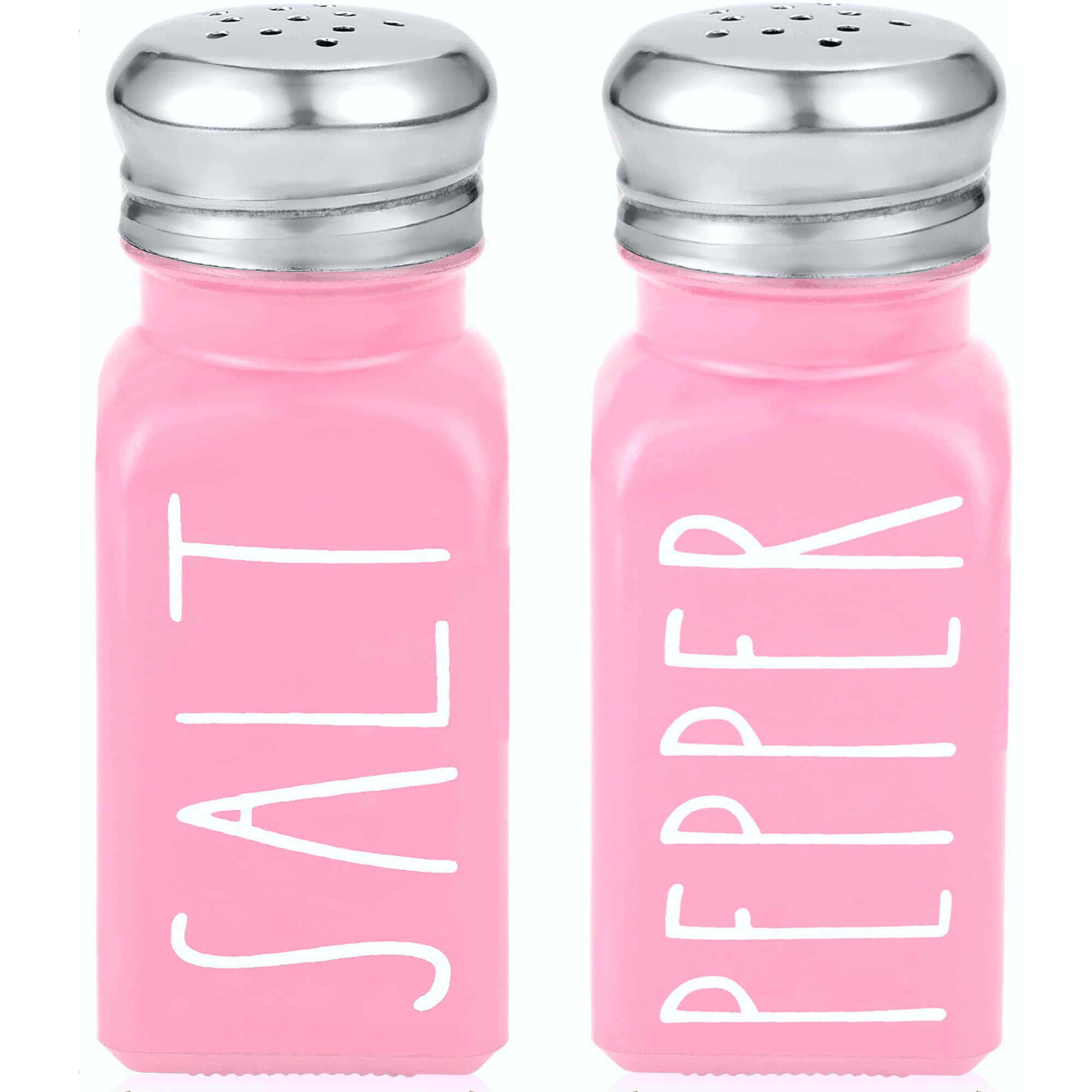Pink Salt and Pepper Shakers Set by Brighter Barns - Pink Kitchen Accessories - Cute Glass Shakers - Pink Kitchen Decor - Pink Decor for Home Restaurants Wedding & Stainless Steel Lid (Pink)