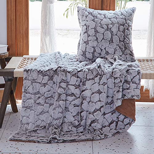 FY FIBER HOUSE Super Soft Rabbit Faux Fur Fleece Throw Blanket Thick Luxurious Faux Fur Plush Warm Fuzzy with Stone Pattern for Bed Sofa, 60"X80", Cappuccino