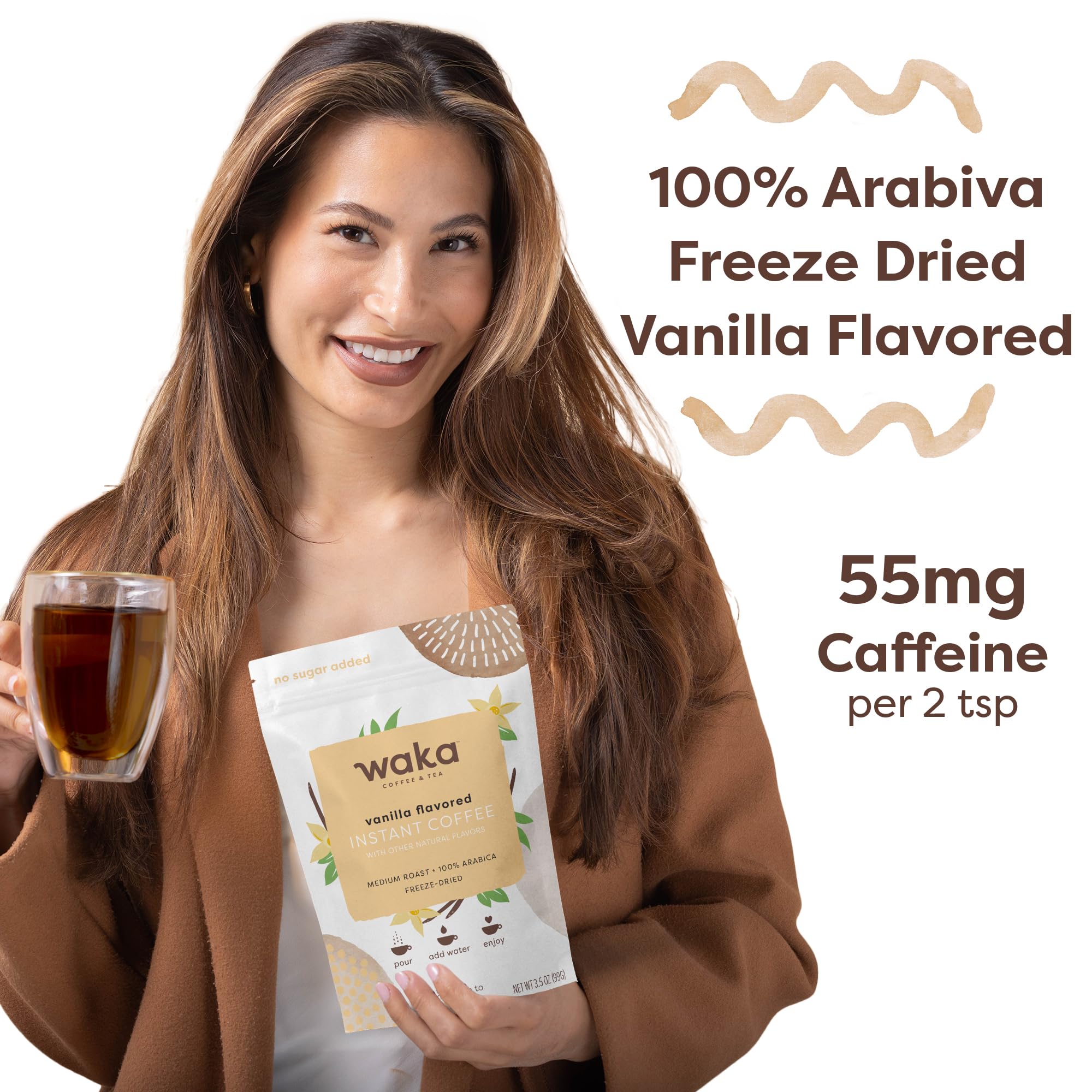 Waka Instant Coffee, Vanilla Flavored - 100% Arabica Beans, Freeze Dried Granules, No Additives - Bulk Bag for Quick Hot and Iced Coffees, Up to 35 Cups (3.5oz)
