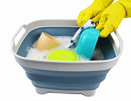 SAMMART 7.5L (2 Gallons) Collapsible Dishpan with Draining Plug - Foldable Washing Basin - Portable Dish Washing Tub - Space Saving Kitchen Storage Tray (Grey/Steel Blue, 1)