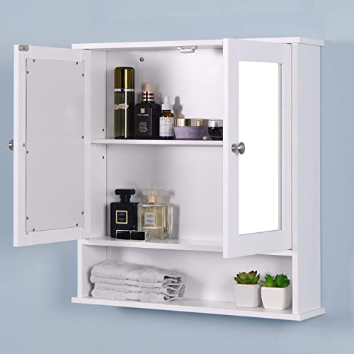 White Bathroom Medicine Cabinet with 2 Mirror Doors, Bathroom Cabinet Wall Mounted with Adjustable Shelf, Medicine Cabinets for Bathroom Laundry Room Kitchen