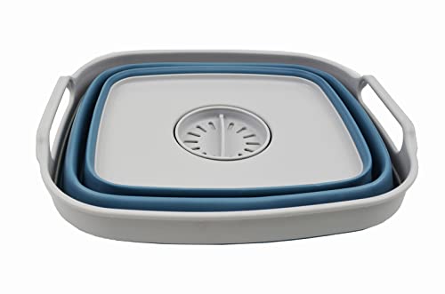 SAMMART 7.5L (2 Gallons) Collapsible Dishpan with Draining Plug - Foldable Washing Basin - Portable Dish Washing Tub - Space Saving Kitchen Storage Tray (Grey/Steel Blue, 1)