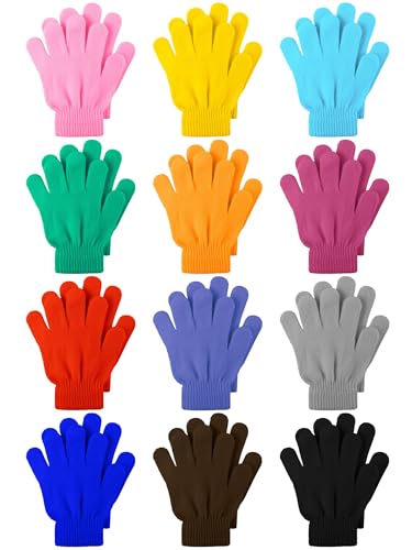 Cooraby 12 Pairs Kids Warm Magic Gloves Teens Winter Stretchy Knit Gloves Boys Girls Knit Gloves (Black, Yellow, Light Pink, Red, Mixed Colors, 4-6 Years)