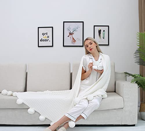 Fomoom Pom Pom Throw Blanket, Knit Blanket with Pompom Tassels, Decorative Cotton Blanket for Easter Gift, Lightweight Pom Poms Knitted Blanket (Off-White, 39"x59")