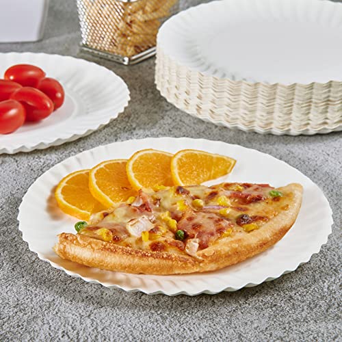 JOLLY PARTY 8.5 inch Round Dinner Plates - 400 Count Everyday Disposable, Light Weight White Paper Plates for Home and Office