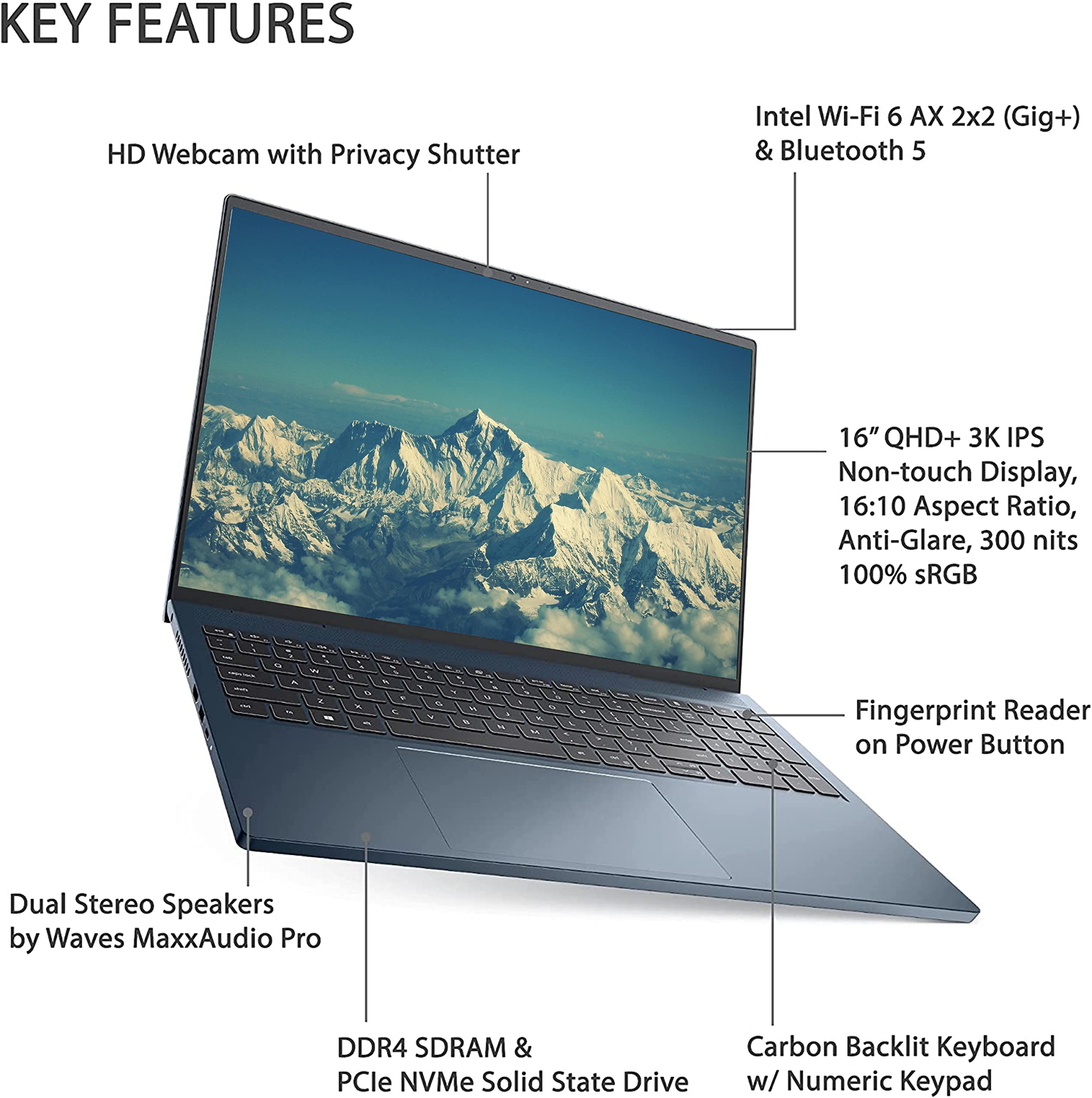 2022 Dell Inspiron 16 Plus 7610 Laptop, 16" 3K Non-Touch Display, Intel Core i7-11800H, 16GB RAM, 1TB SSD, FP Reader, Webcam, Backlit KB, HDMI, Bluetooth, WiFi 6, Win 11, Mist Blue